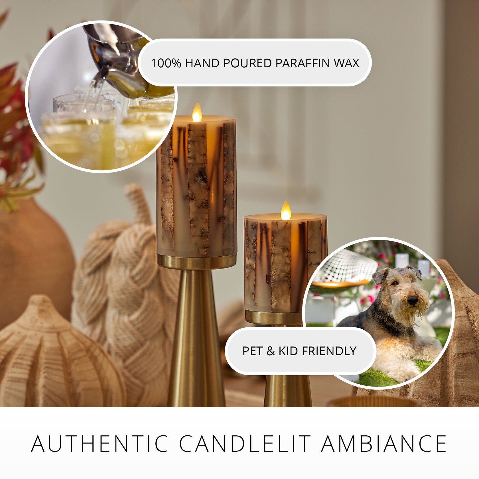 Ivory Embedded Birch and Twigs Flameless Candle Pillar – Luminara