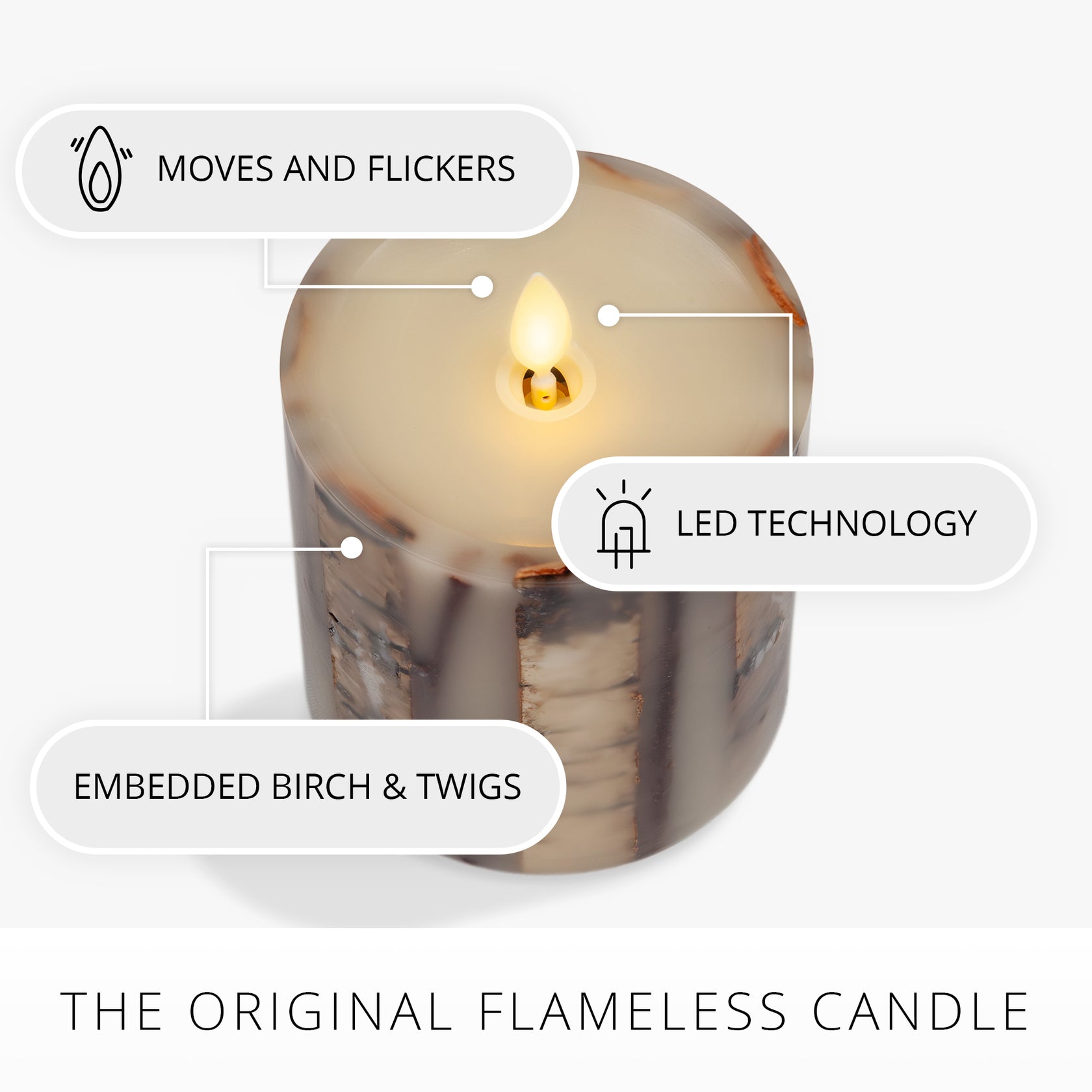 Ivory Embedded Birch and Twigs Flameless Candle Pillar – Luminara