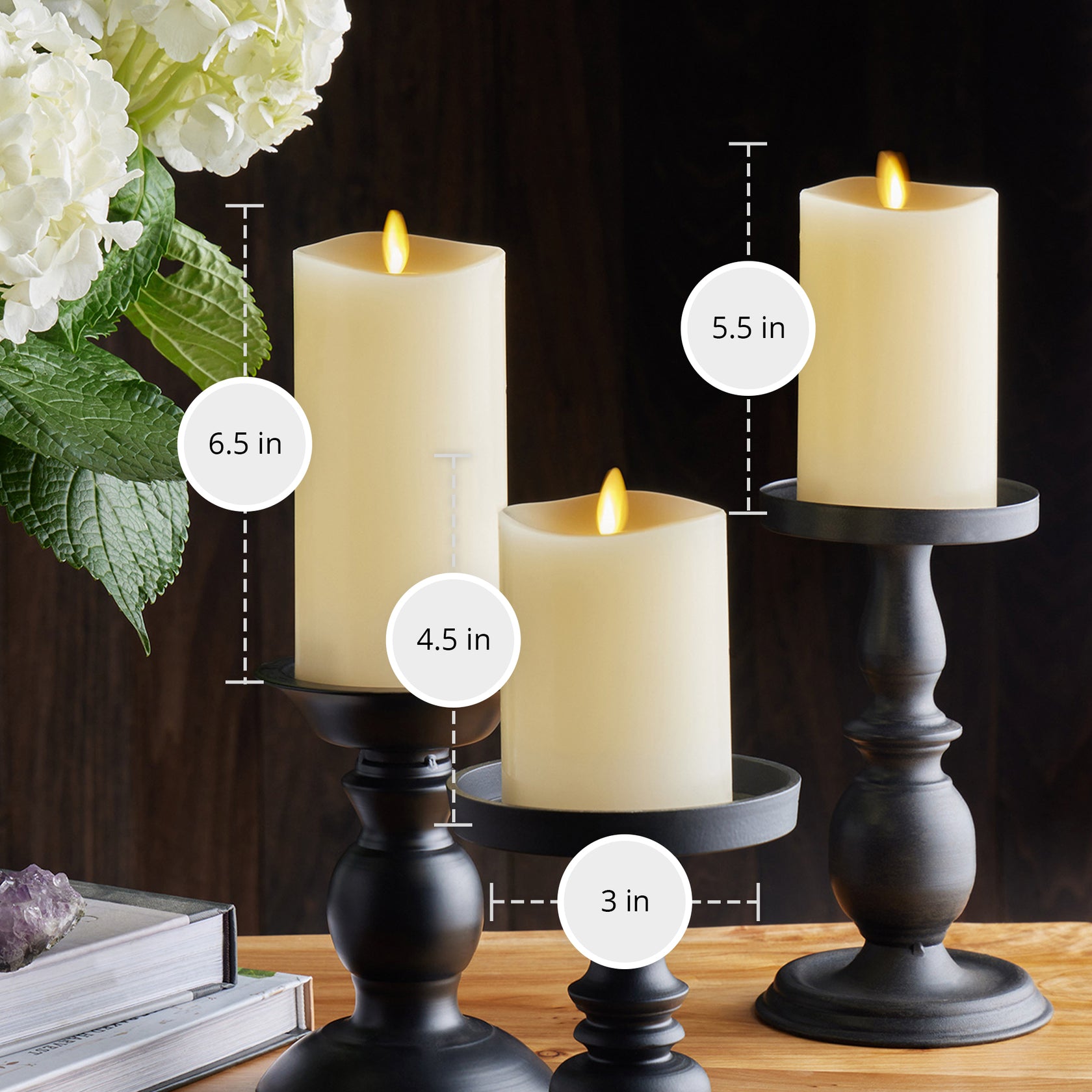 Set of 3 Ivory Flameless Candle Pillars with Flame-Effect | Luminara