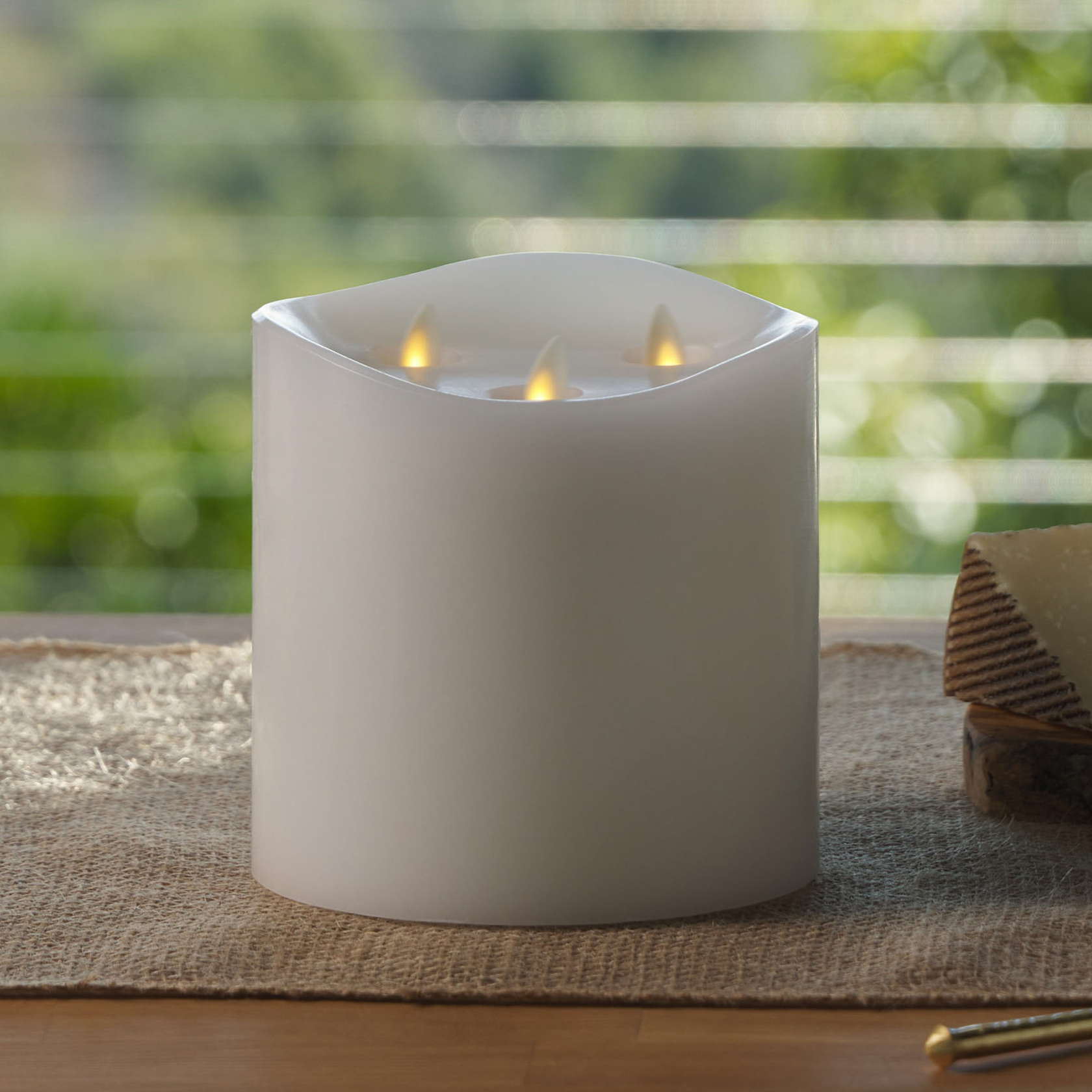 White Flameless Candle Tri-Flame Grand Pillar - Melted Top – Luminara