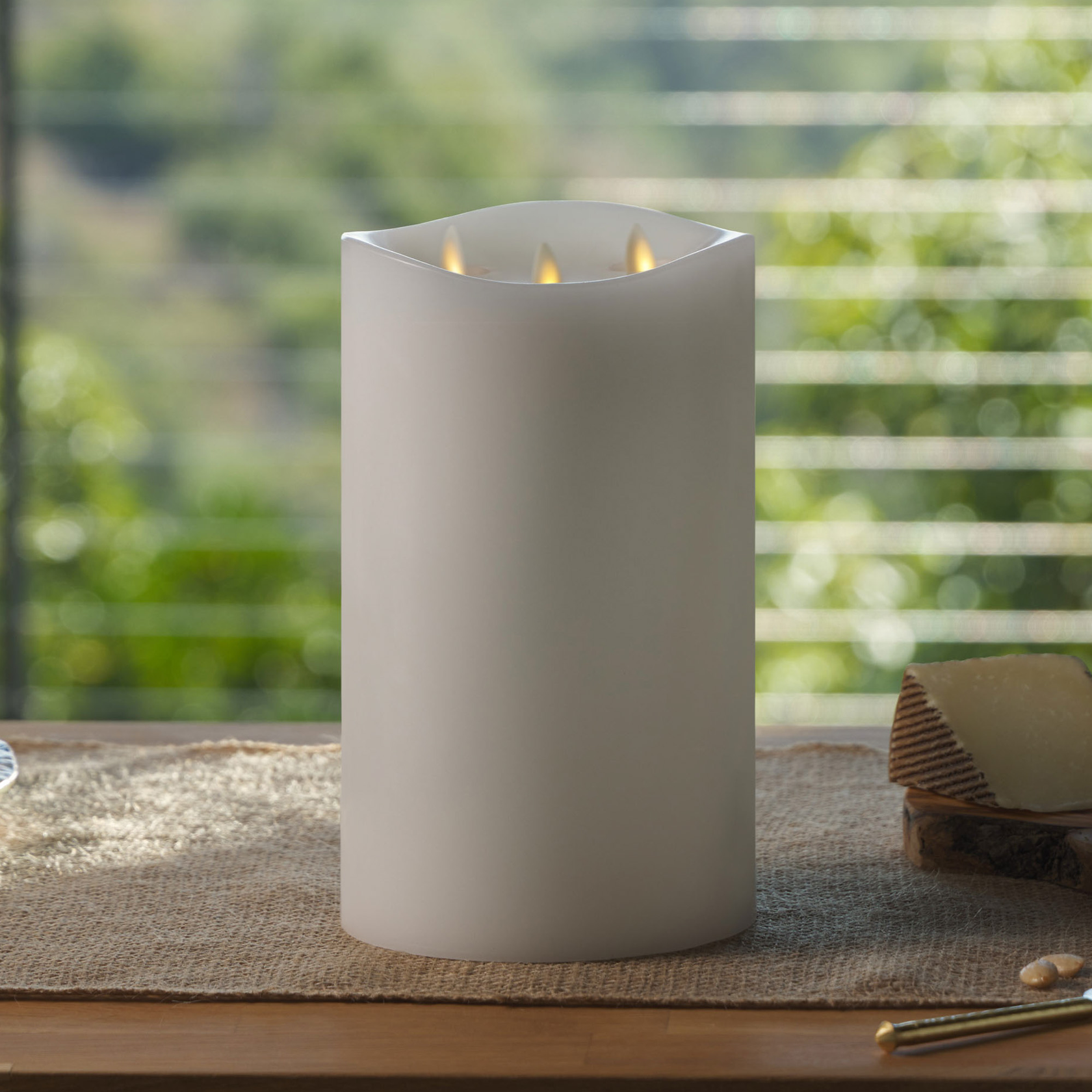 White Flameless Candle Tri-Flame Grand Pillar - Melted Top – Luminara