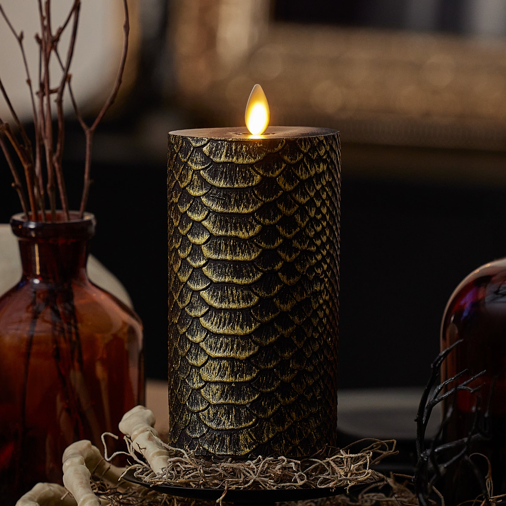 Black and Gold Snakeskin Flameless Candle Pillar – Luminara