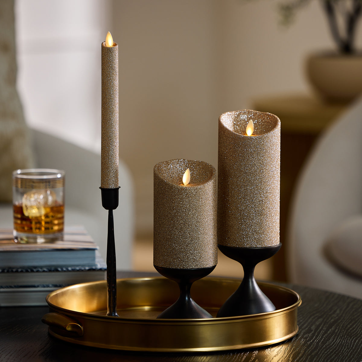 Champagne Glow Glitter Flameless Candle Pillars – Luminara