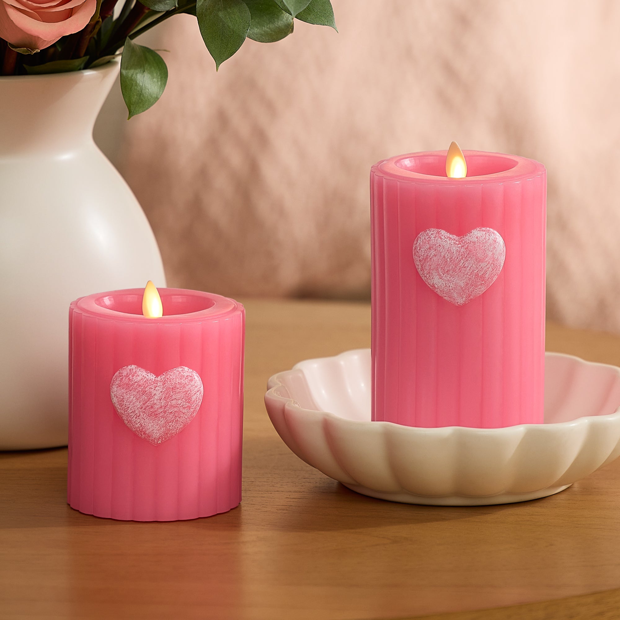Sweet Pink Ribbed Flameless Candle Pillar – Luminara